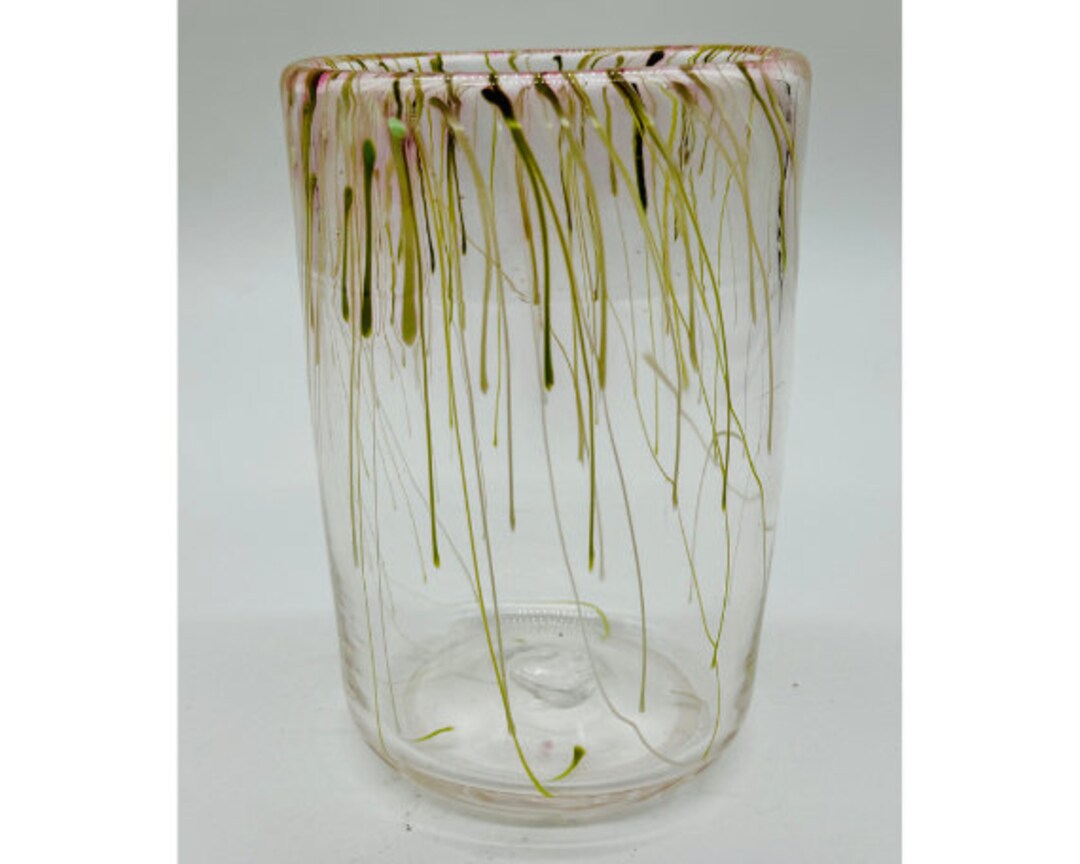 Hand Blown Glass: Clear Tumbler With Green and Pink Accents Made by ...