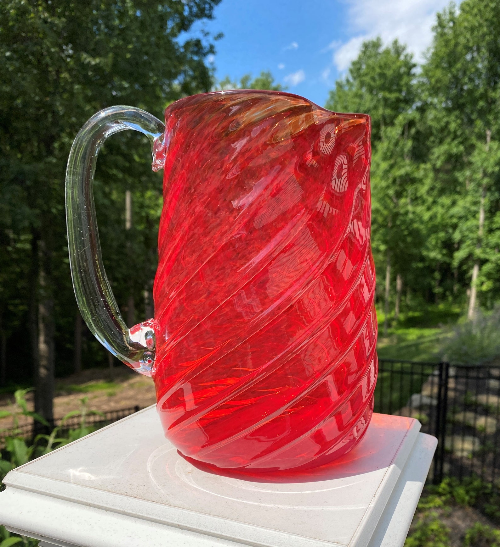 Hand Blown Glass: Red Optic Twist Pitcher - Etsy