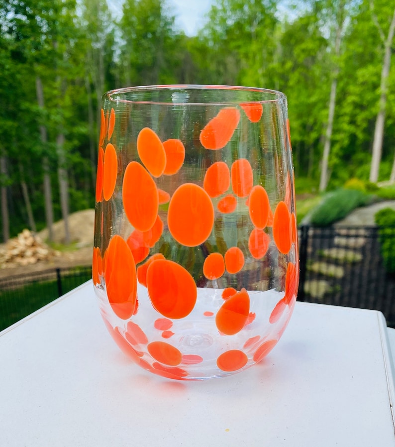 Hand Blown Glass: Orange Polka Dot Stemless Wine Glass - Etsy