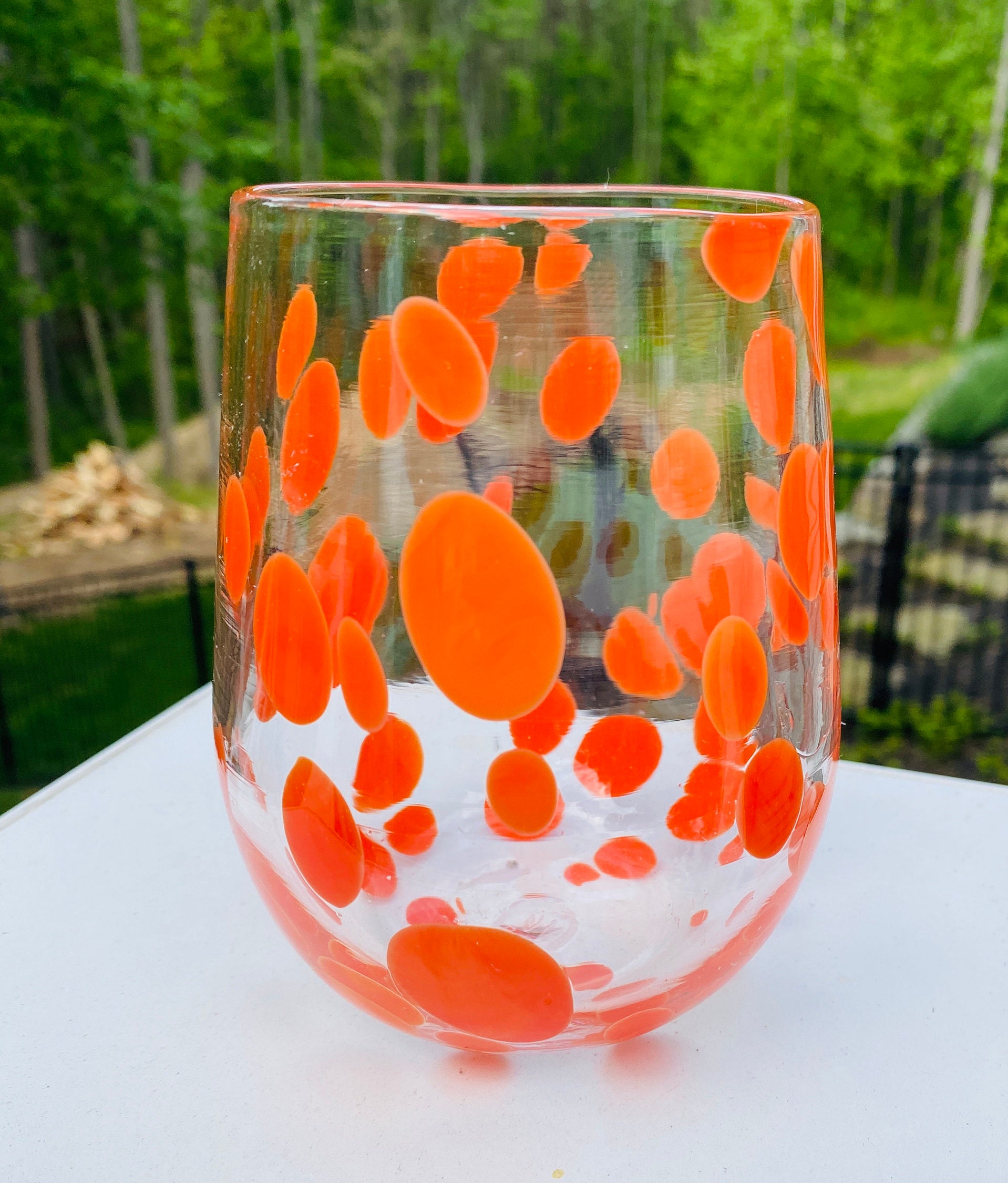 Hand Blown Glass: Orange Polka Dot Stemless Wine Glass - Etsy