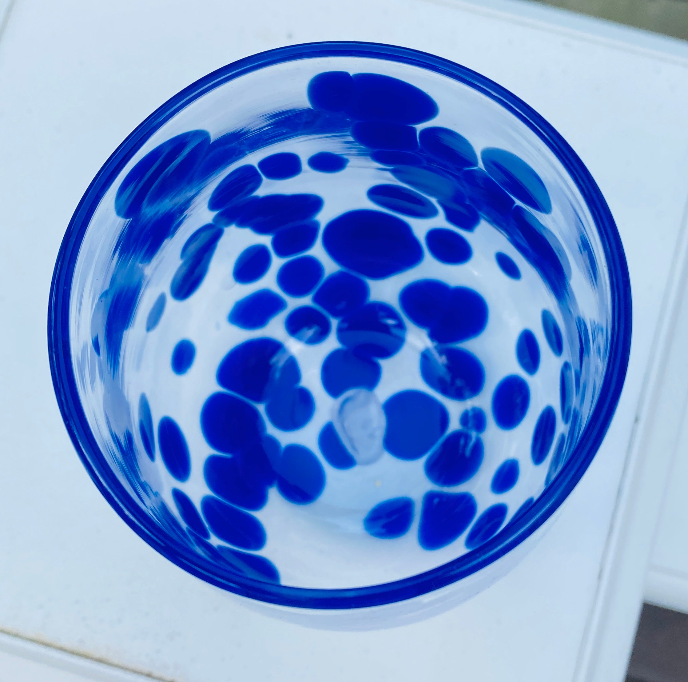 Hand Blown Glass: Blue Polka Dot Stemless Wine Glass - Etsy