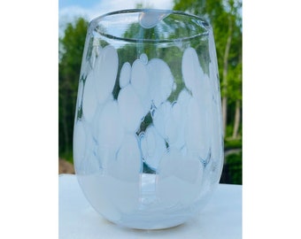 Hand Blown Glass: Blue Polka Dot Stemless Wine Glass | Etsy