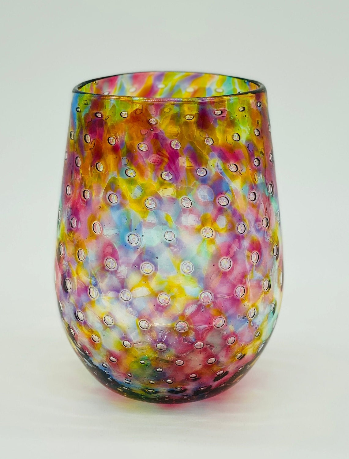 Hand Blown Glass: Pink Mix Bubble Stemless Wine Glass | Etsy