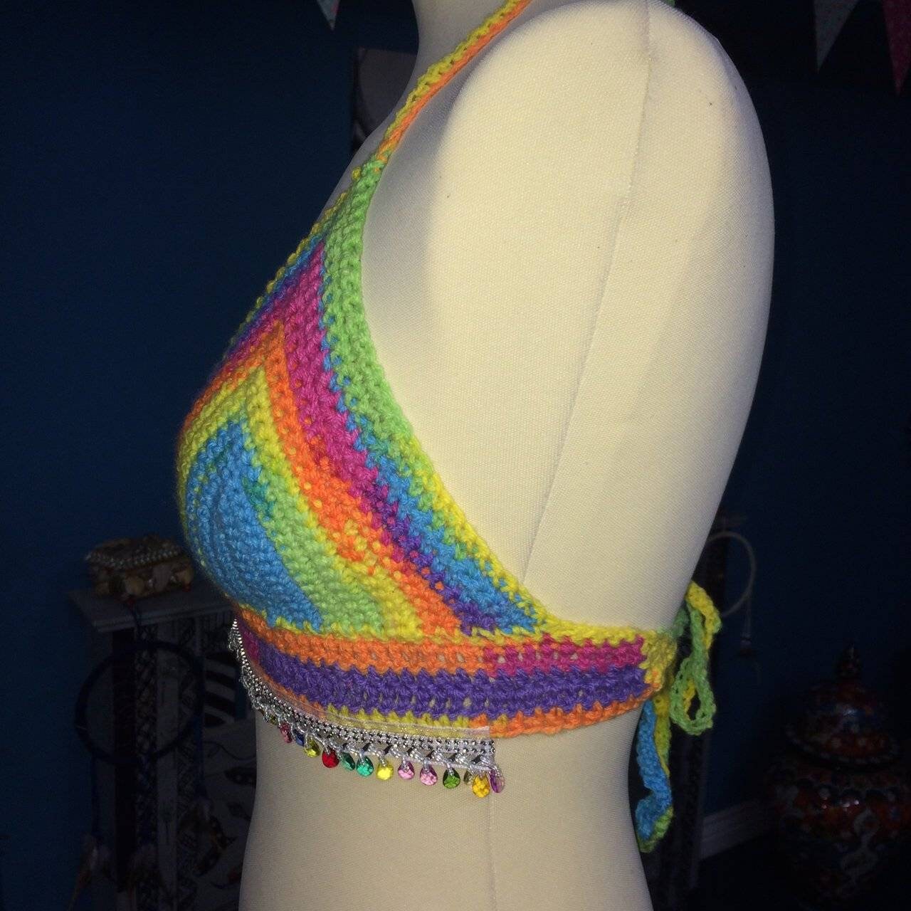 Handmade Rainbow Crochet Crop Bralette Top With Beaded Trim - Etsy