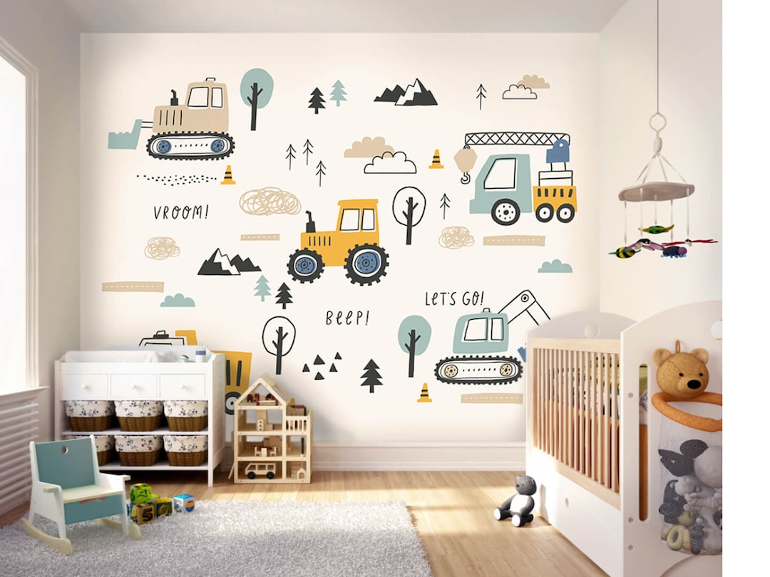 Tractors Diggers Wallpaper Mural, Little Builders Cartoon Trucks Wall ...