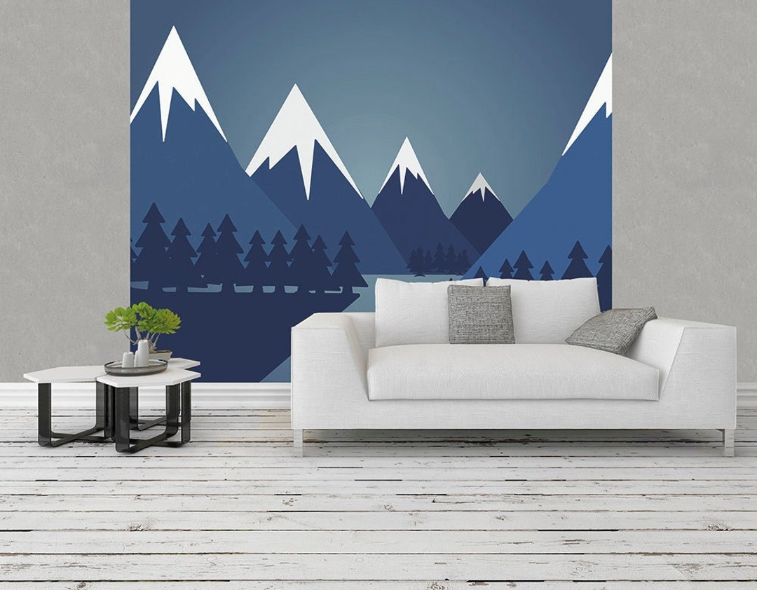 Snow Mountain Wall Mural Blue Mountain and Trees Designer - Etsy UK
