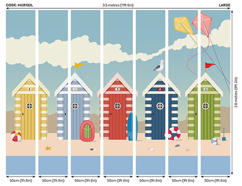 Beach Huts Seaside Wallpaper Mural, Designer Beach Hut Seaside Themed ...