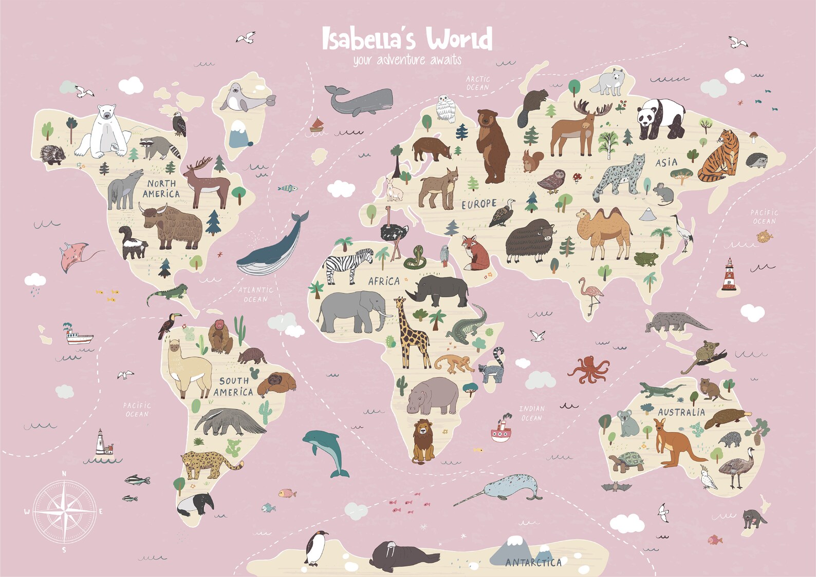 Cartoon Animal World Map Kid's Educational Safari Map - Etsy