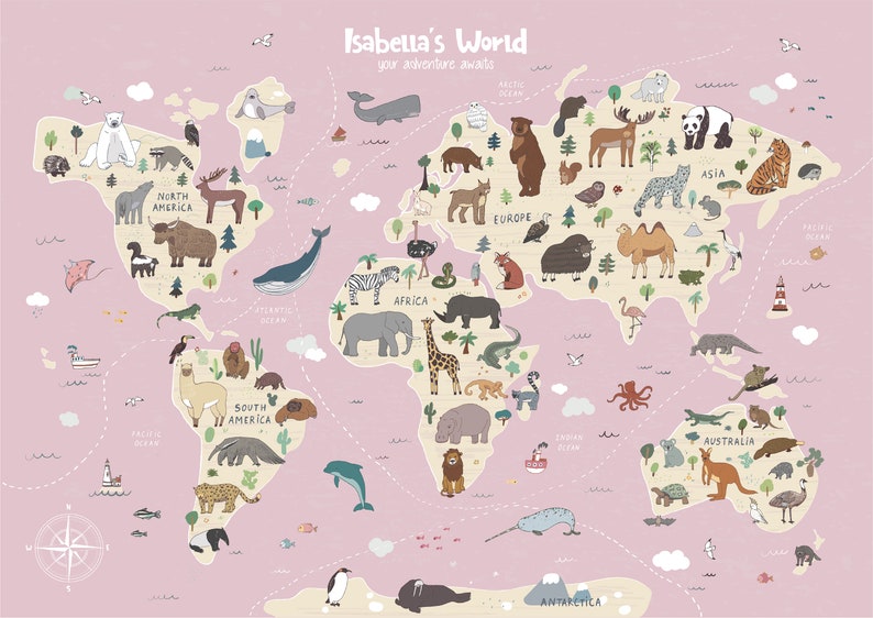 Cartoon Animal World Map Kid's Educational Safari Map - Etsy