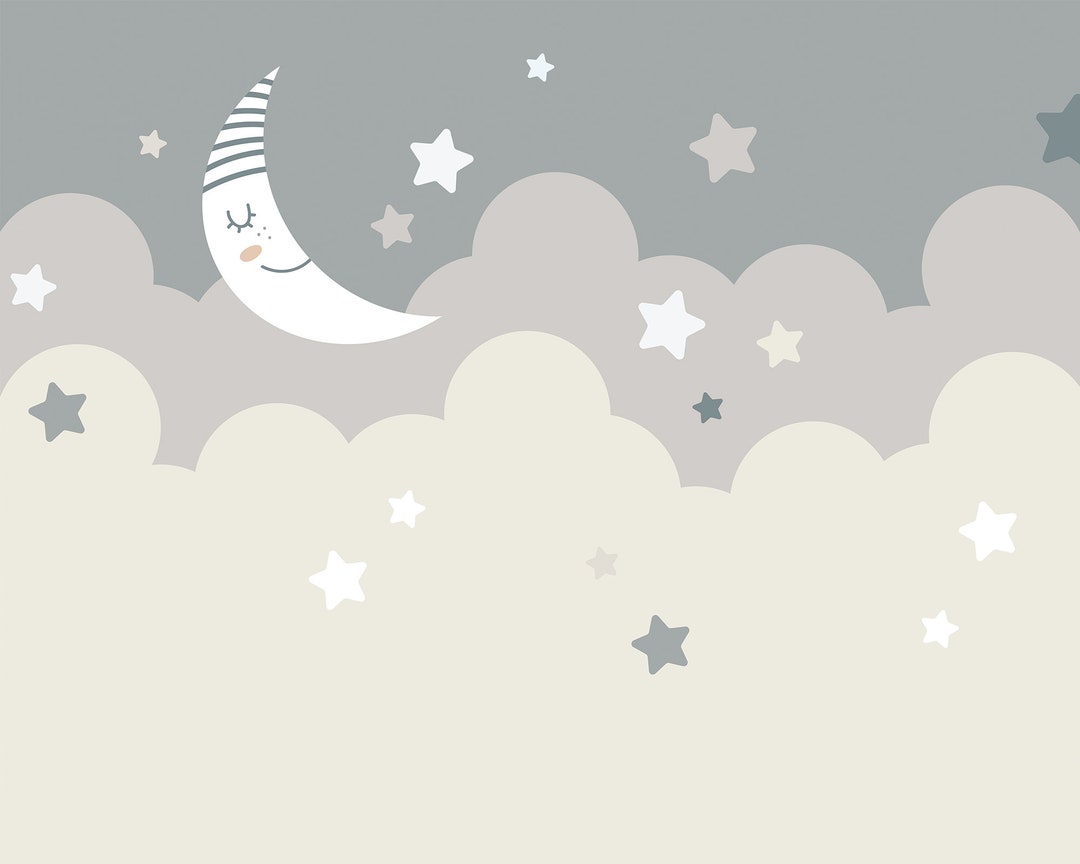 Nighttime Children's Sky Wallpaper Mural, Baby Nursery Moon & Stars ...