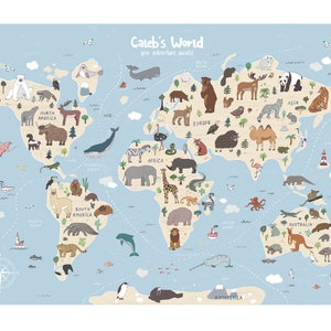Cartoon Animal World Map, Kid's Educational Safari Map, Baby Playroom ...