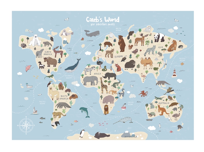 Cartoon Animal World Map, Kid's Educational Safari Map, Baby Playroom ...