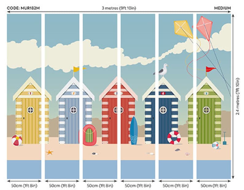 Beach Huts Seaside Wallpaper Mural, Designer Beach Hut Seaside Themed ...