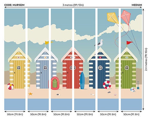 Beach Huts Seaside Wallpaper Mural, Designer Beach Hut Seaside Themed ...
