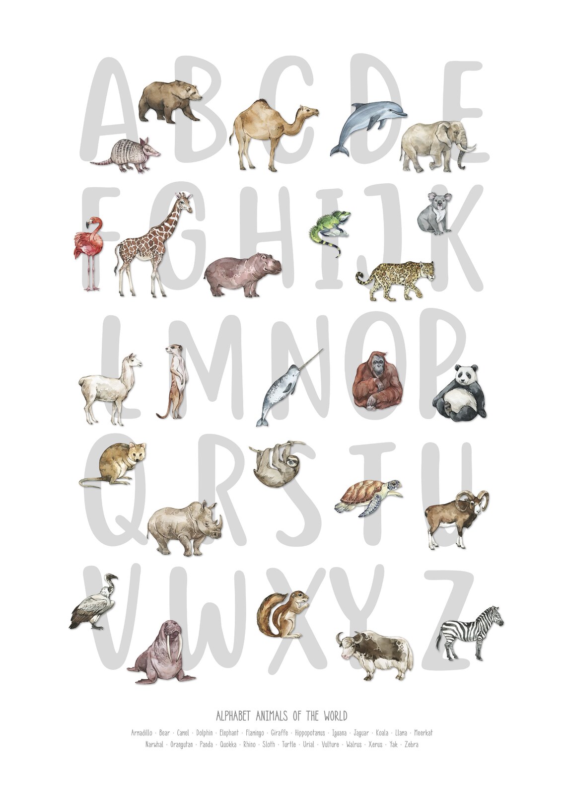 Animal Alphabet Nursery Print A to Z | Kid's Educational Grey Letter ...