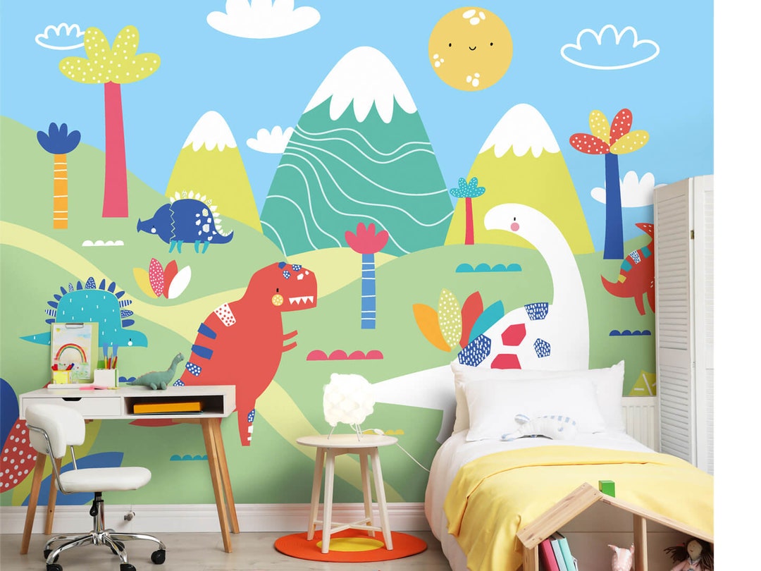 Dinosaur Land Wallpaper Mural, Fun Colorful Dino Friends Illustration ...