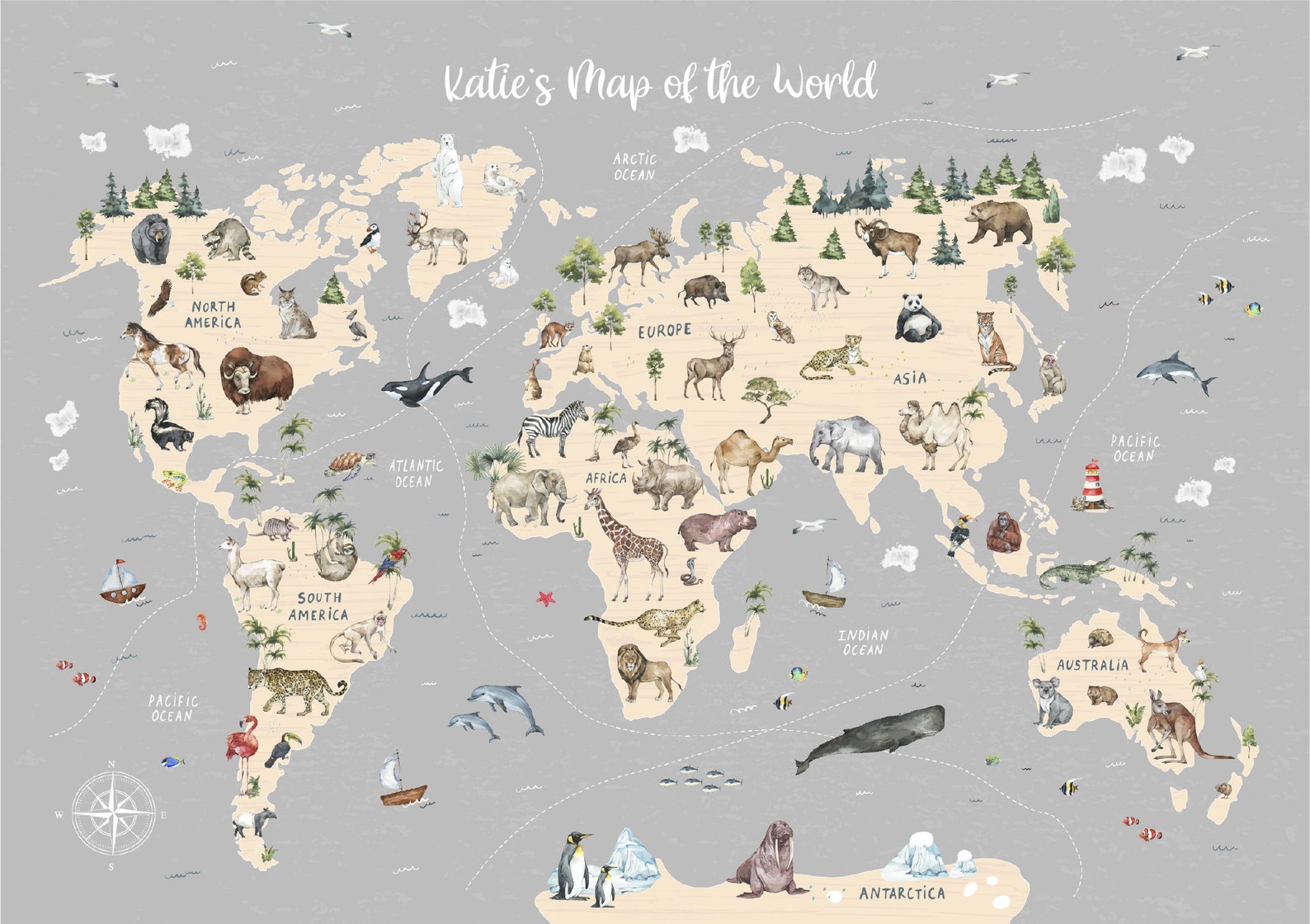 Watercolour World Map Animal Print Safari Nursery Decor Baby - Etsy UK