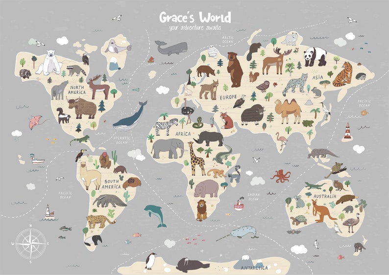 Cartoon Animal World Map Kid's Educational Safari Map - Etsy