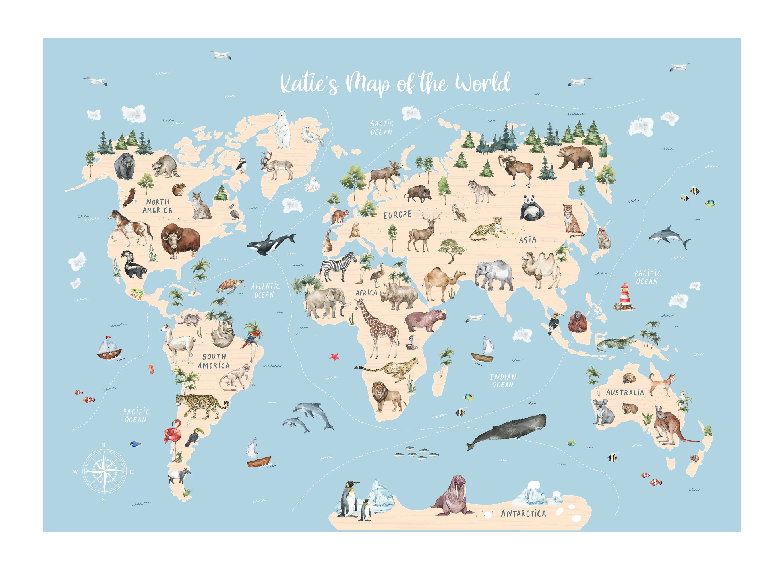 Watercolour World Map Animal Print Safari Nursery Decor Baby | Etsy UK