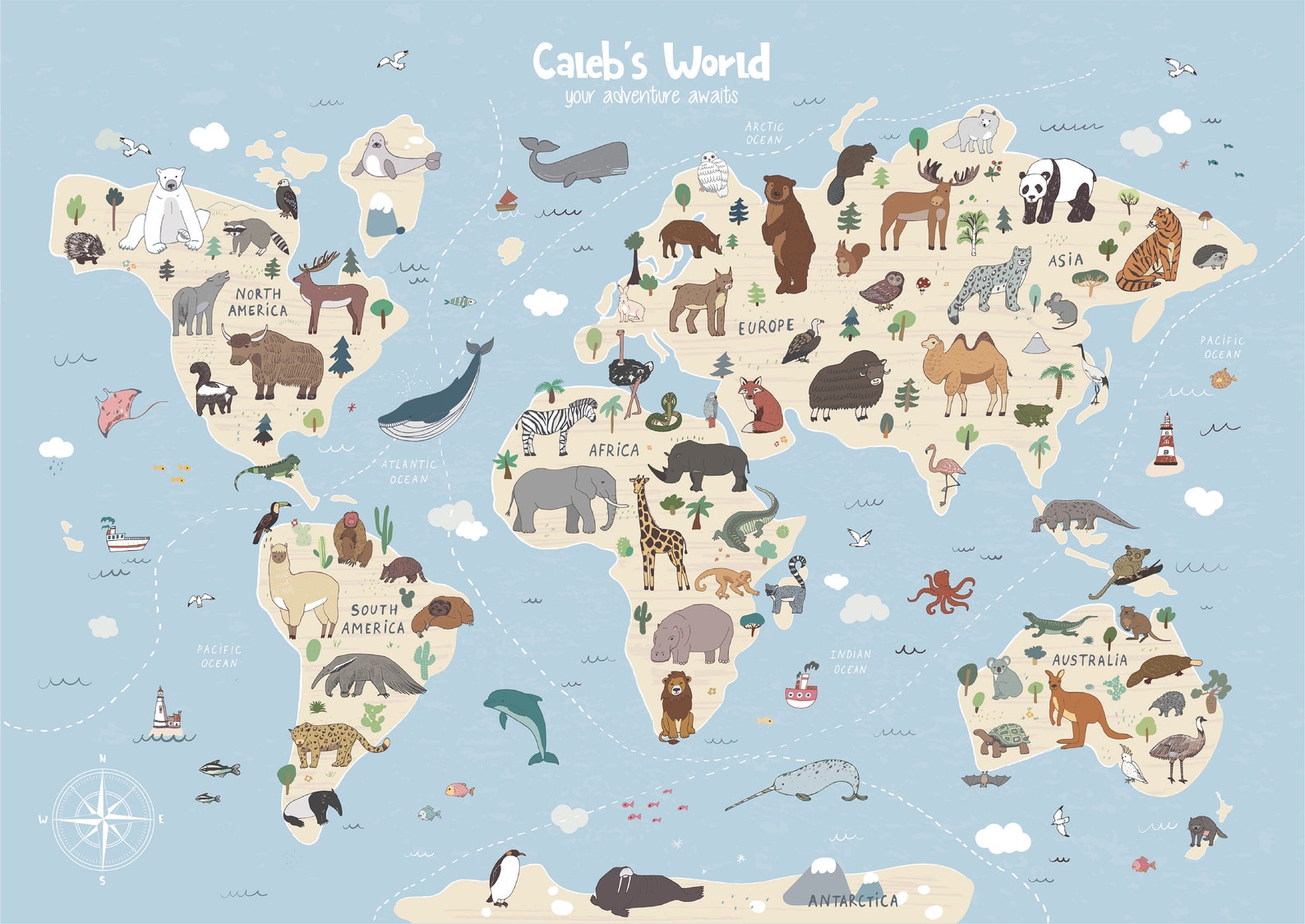 Children's World Map Kid's Cartoon Animal World Map - Etsy