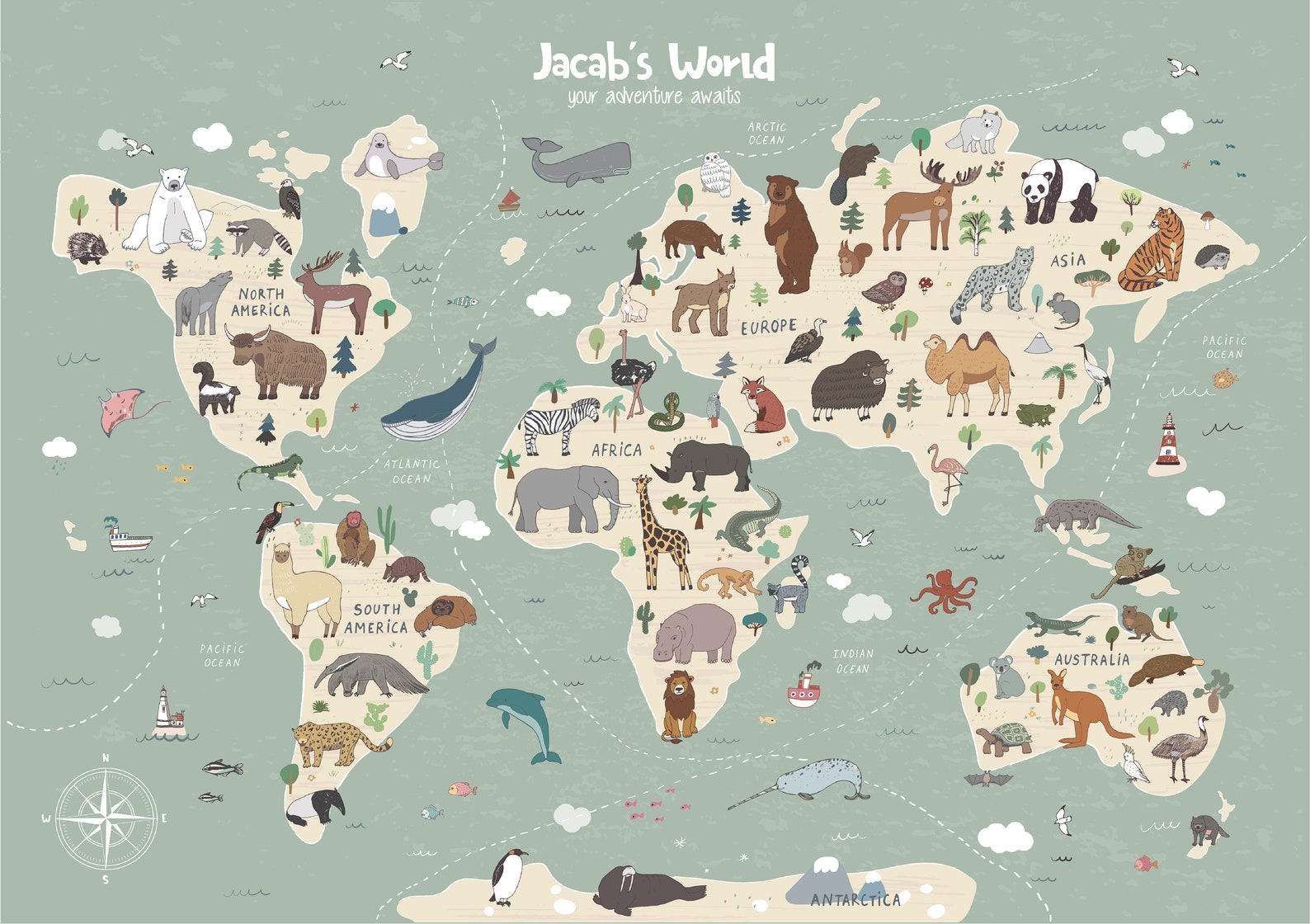 Children's World Map Kid's Cartoon Animal World Map - Etsy
