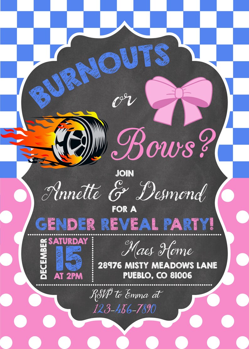 Burnouts Or Bows Gender Reveal Invitation Gender Reveal Party Etsy