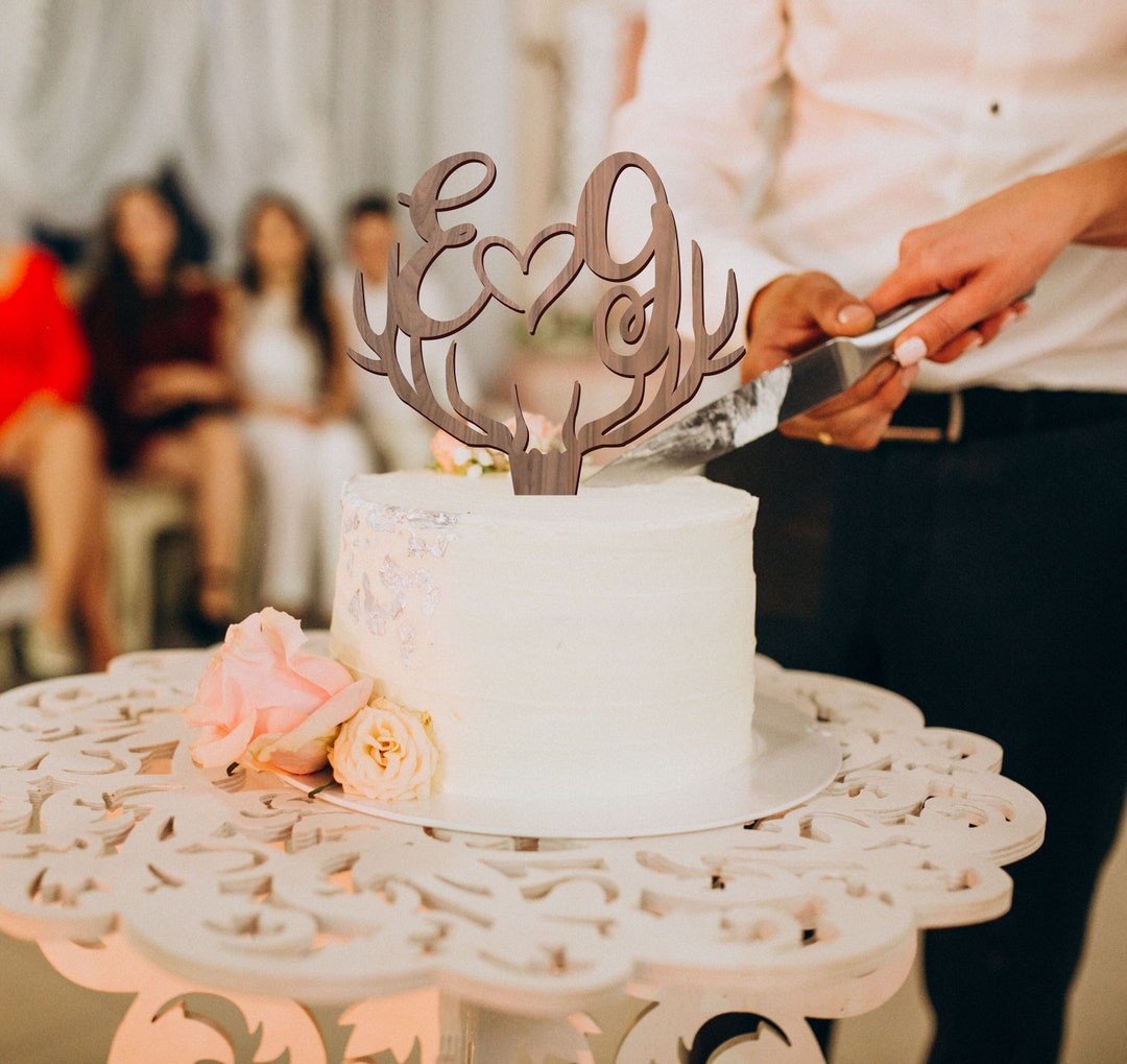 Deer Antlers Wedding Cake Topper With Initial Letters and a Heart ...