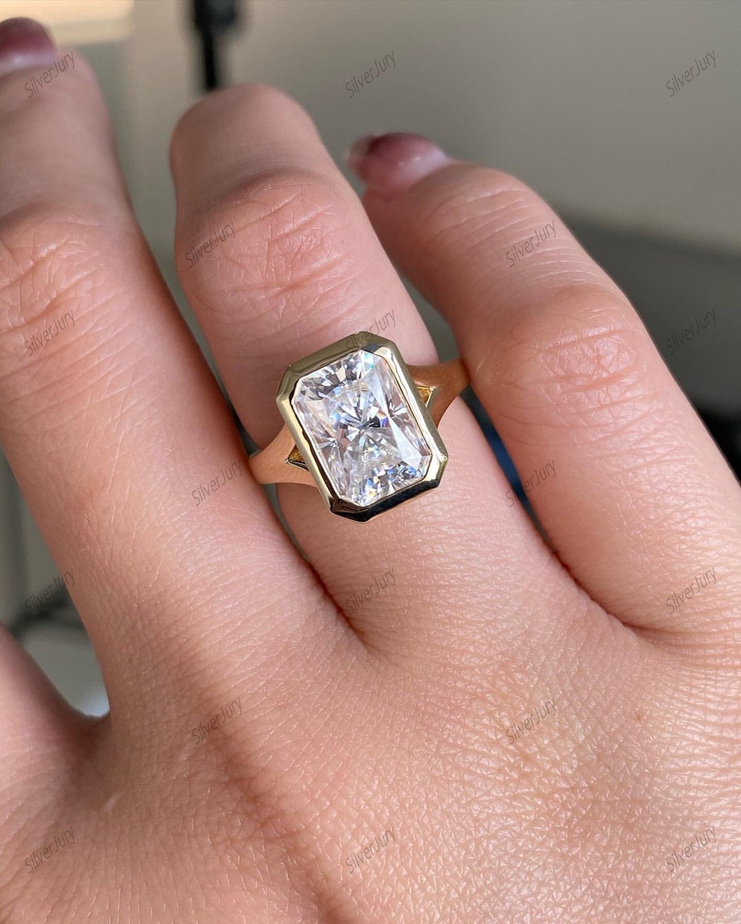5 Ct Radiant Engagement Ring, 14k Gold Plated Split Shank Bezel Set ...