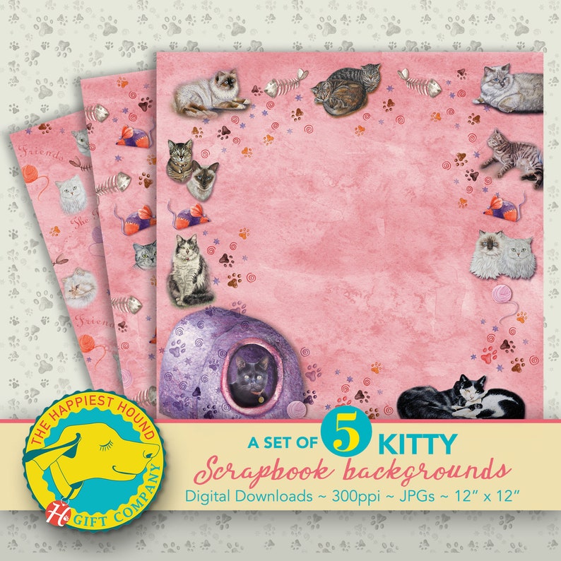 Set of 5 CAT Scrapbook Backgrounds ~ Feline Pink Theme Digital Paper ...