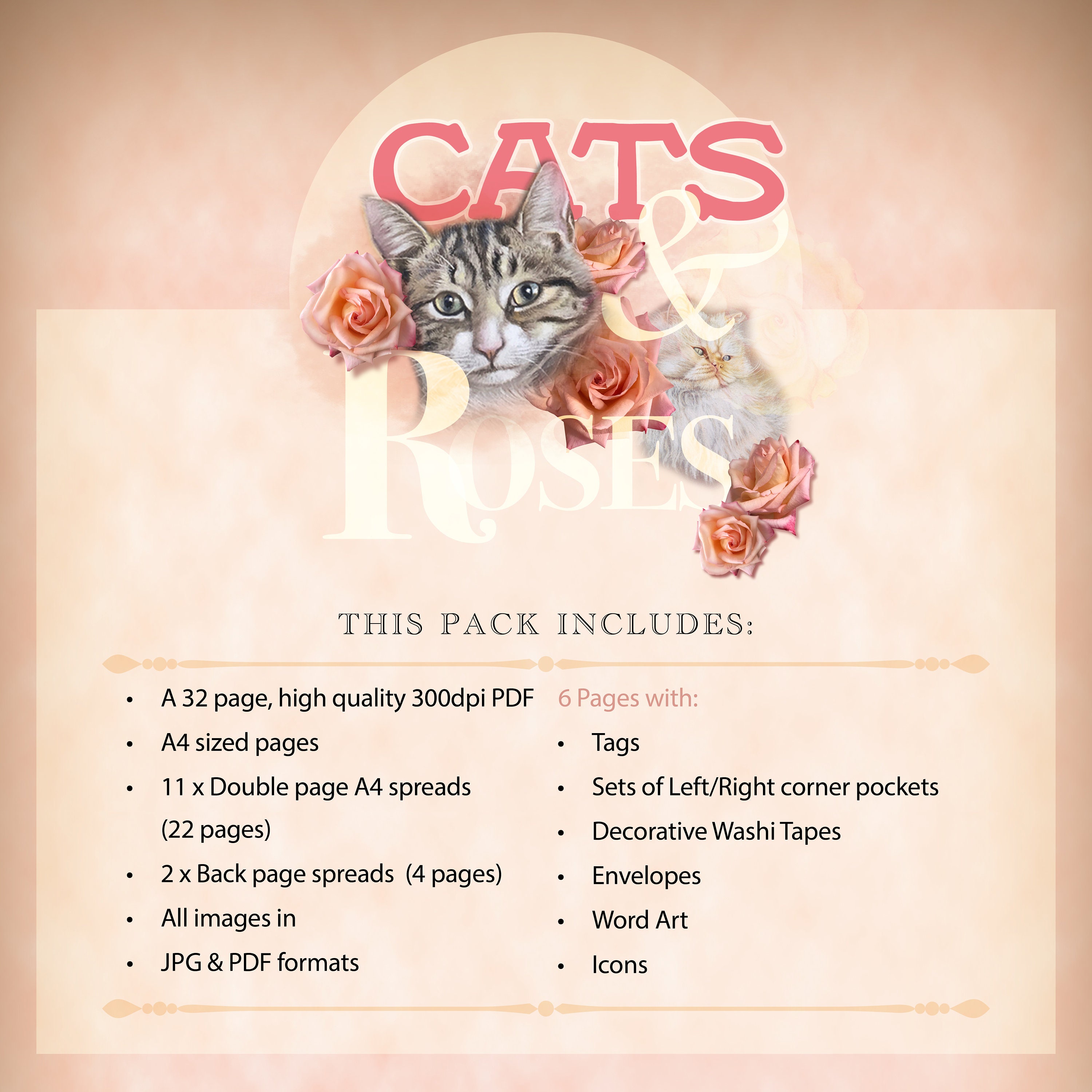 Cats & Roses Junk Journal Kit Printable Pages and Ephemera, Kitten ...