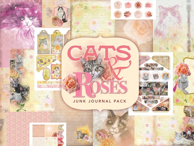 Cats & Roses Junk Journal Kit Printable Pages and Ephemera, Kitten ...