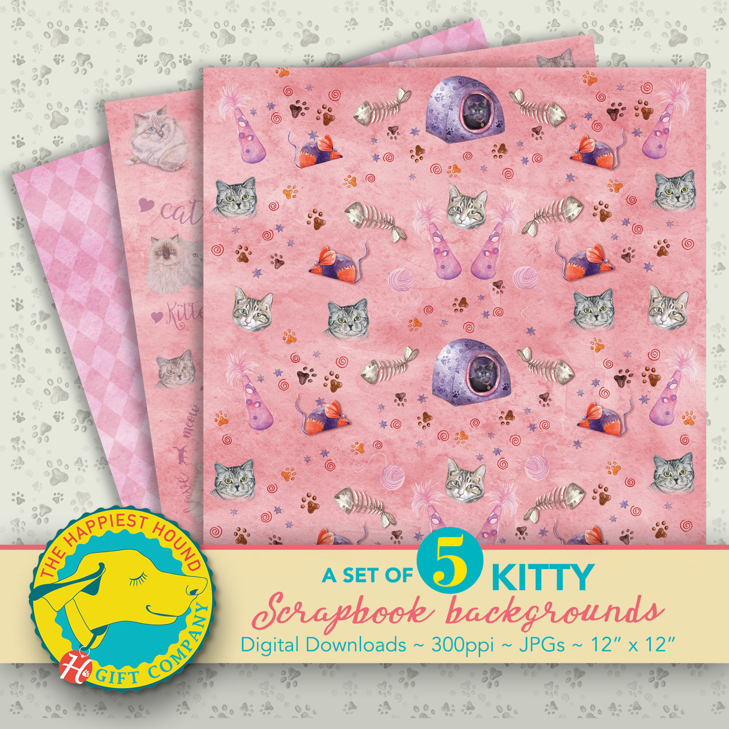 Set of 5 CAT Scrapbook Backgrounds ~ Feline Pink Theme Digital Paper ...