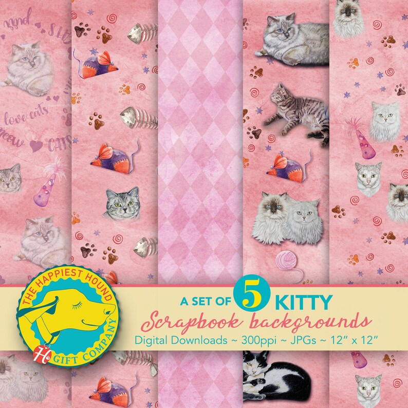 Set of 5 CAT Scrapbook Backgrounds ~ Feline Pink Theme Digital Paper ...
