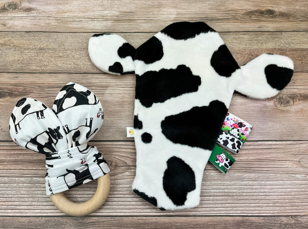 Plush Sensory Crinkle Cow Toy & Organic Wood Bunny Ear Teether Set ...