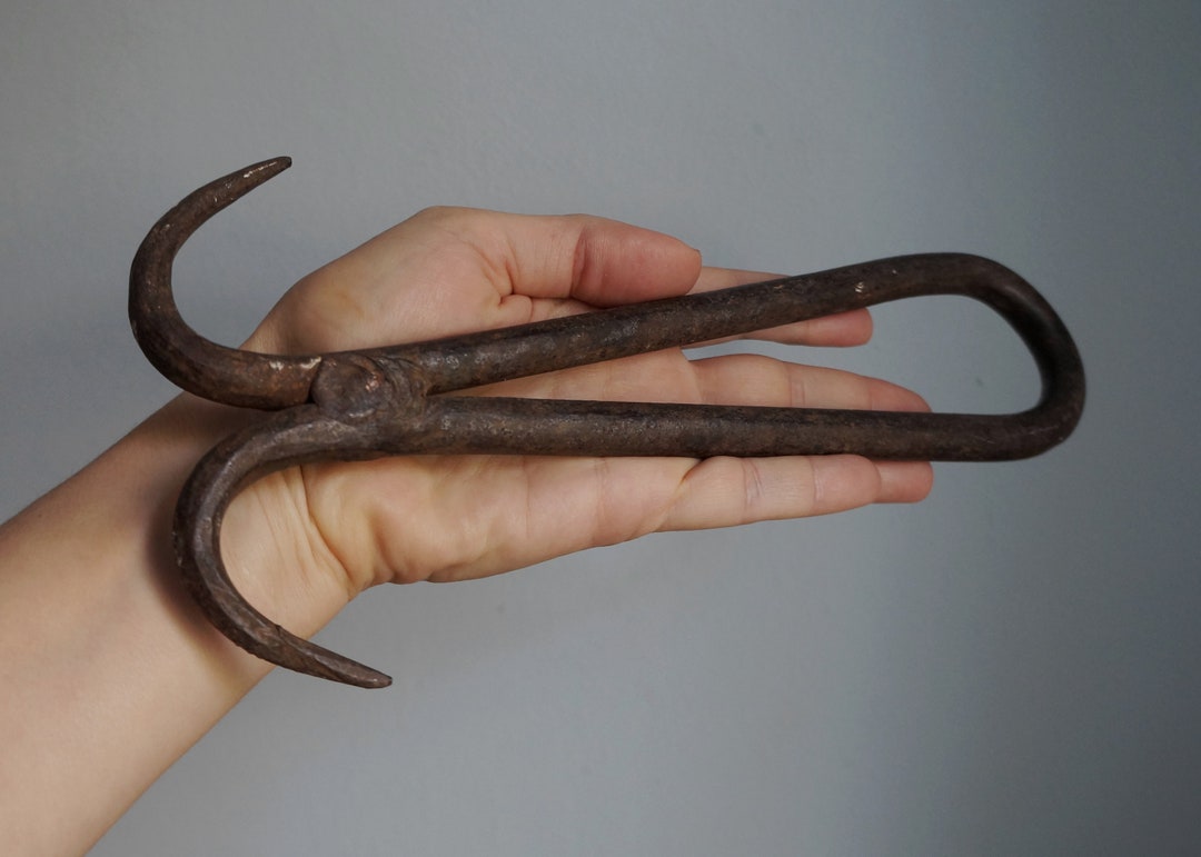 Butcher's Hook, Forged Iron Spiked Double Hook, Antique Salvage Heavy ...