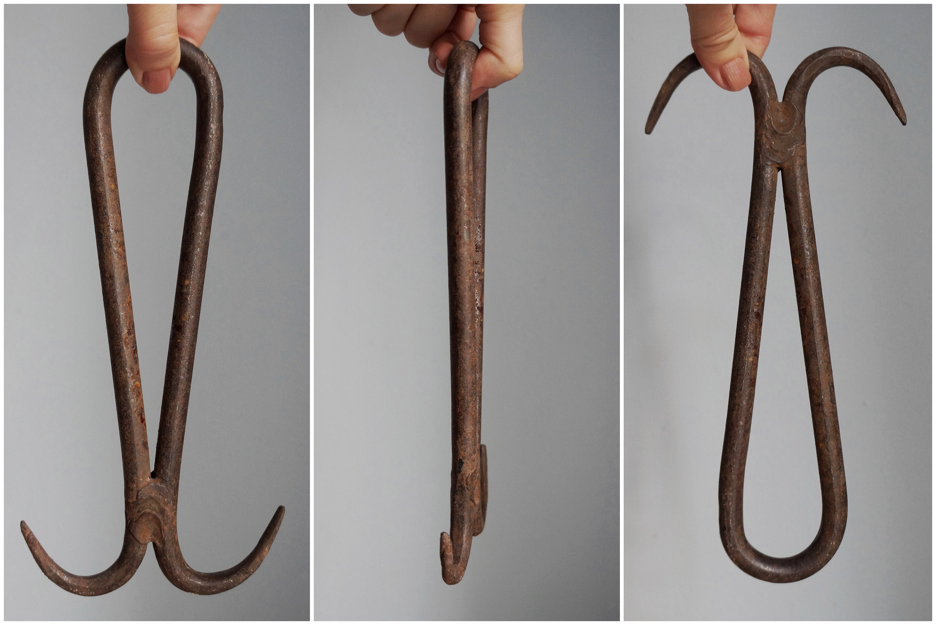 Butcher's Hook, Forged Iron Spiked Double Hook, Antique Salvage Heavy ...