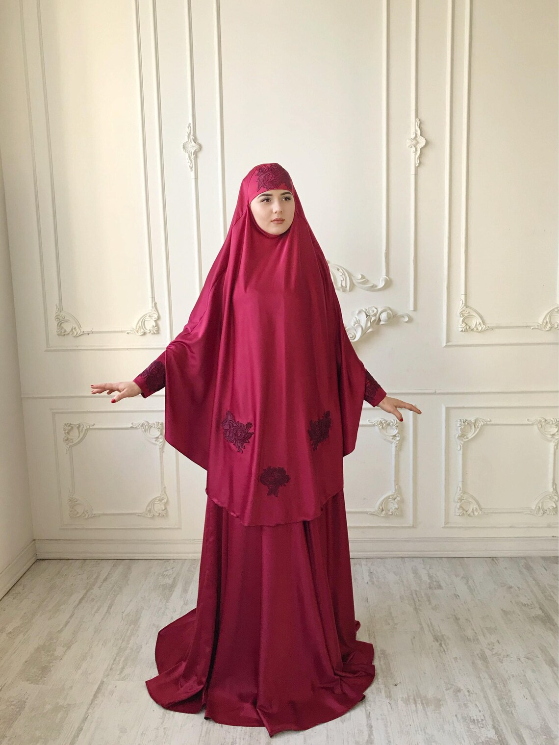 Elegant Burgundy Silk Jilbab Suit, Lace Trim Khimar - Etsy