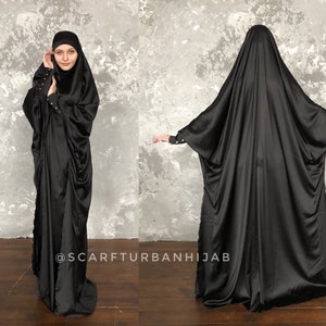 Plus Size Black Silk Khimar , Muslim Jilbab Dress, Elegant Burqa ...