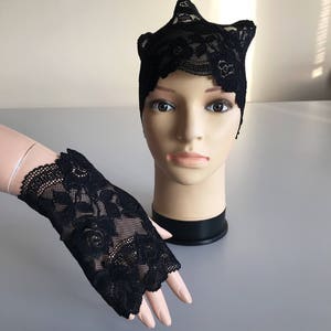 Black Lace Mittens and Buff, Retro Headband, Short Gloves, Lace Bonet ...