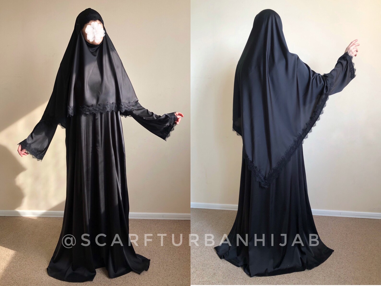 Black Silk Elegant Dress, Lace Abaya, Stylish Hijab Khimar, Modesty ...