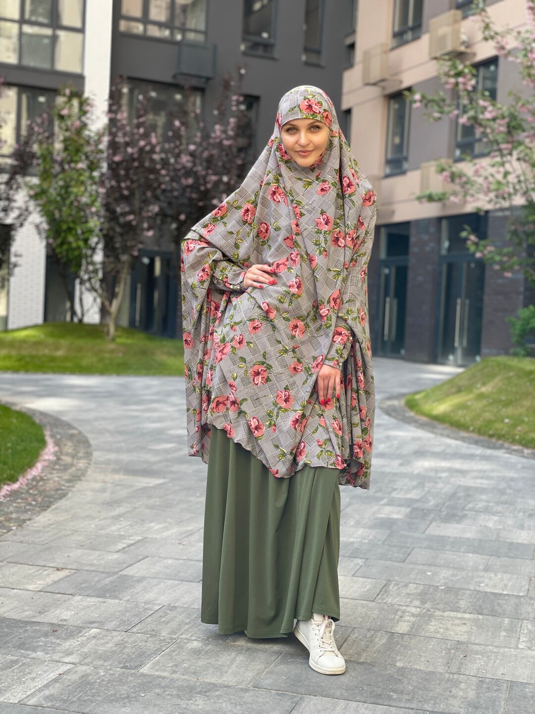 Gray Summer Khimar With Floral Print, Elegant Stylish Jilbab - Etsy