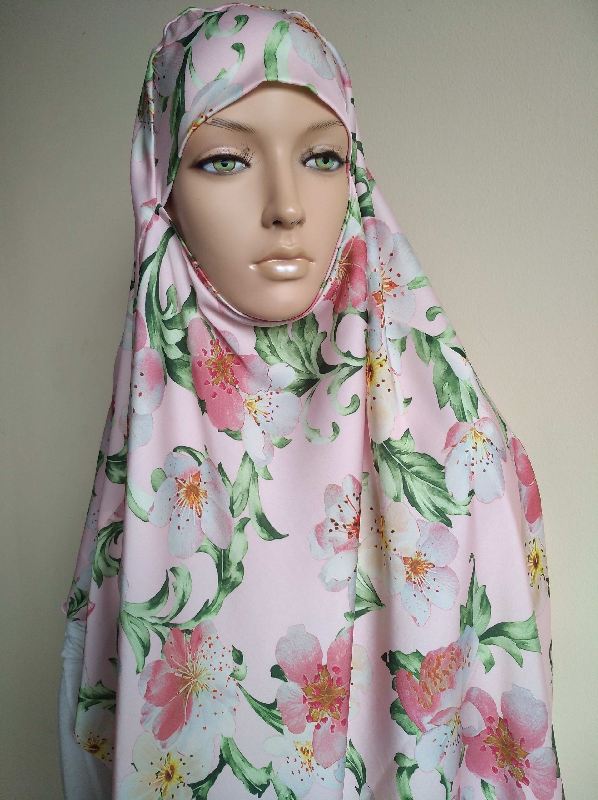 Elegant Pink Silk Hijab With Floral Patterns - Etsy