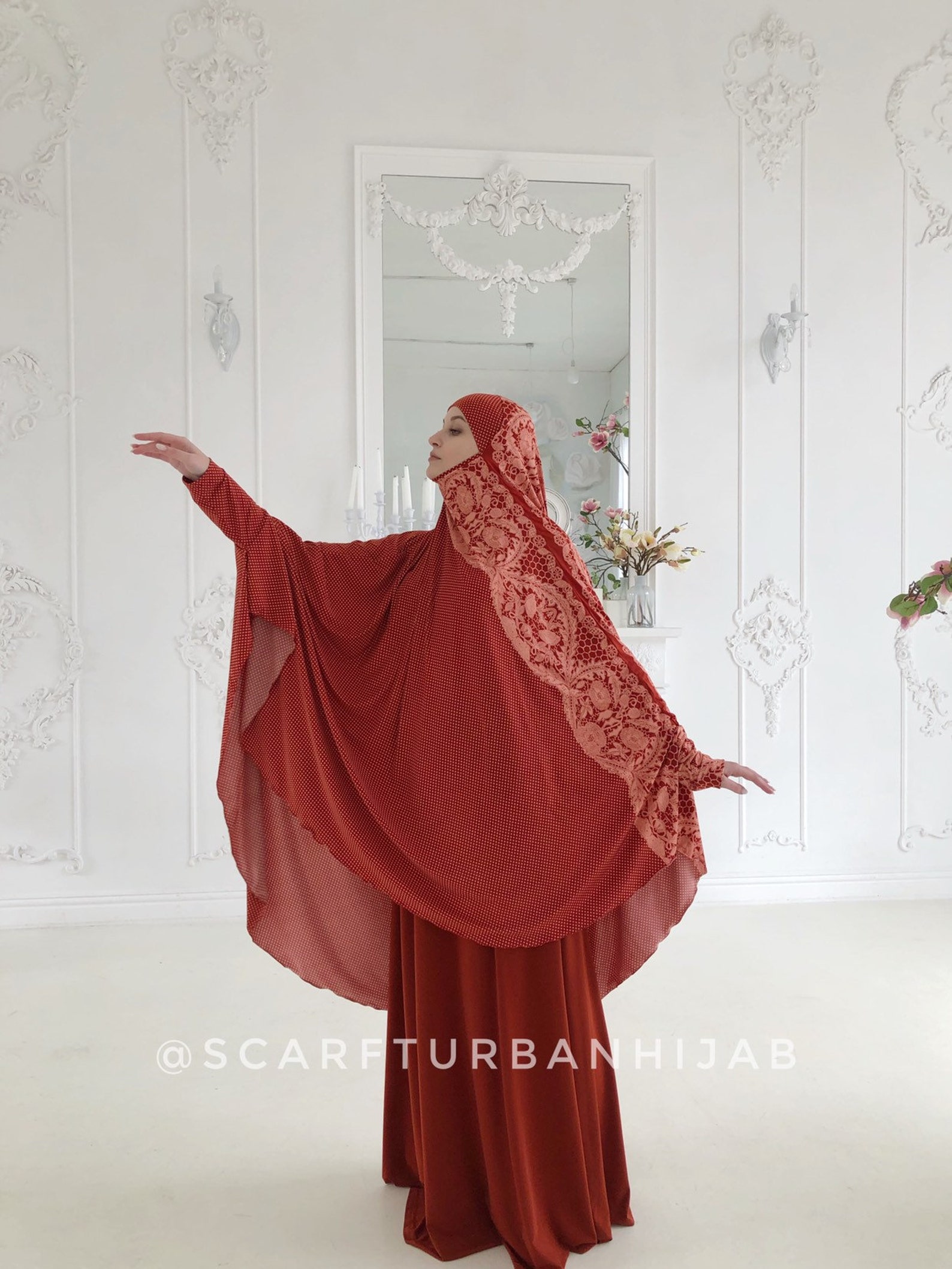 Long Muslim Coral Hijab, Lace Decoration Jilbab, Elegant Islamic Khimar ...