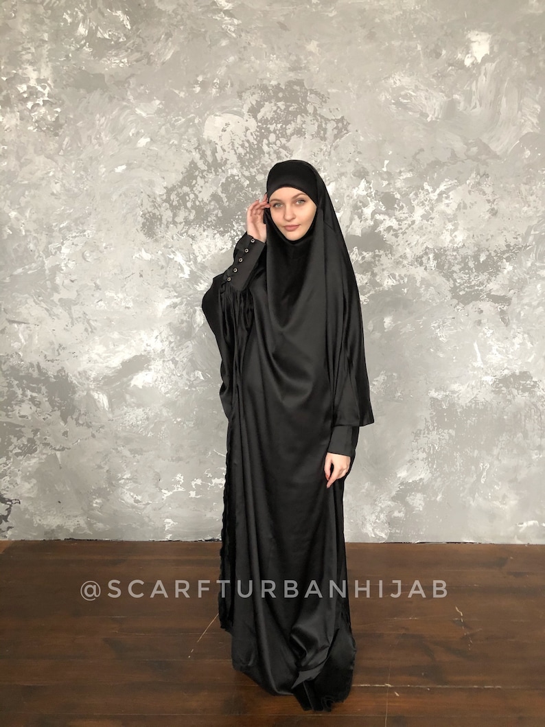 Plus Size Black Silk Khimar Muslim Jilbab Dress Elegant Etsy
