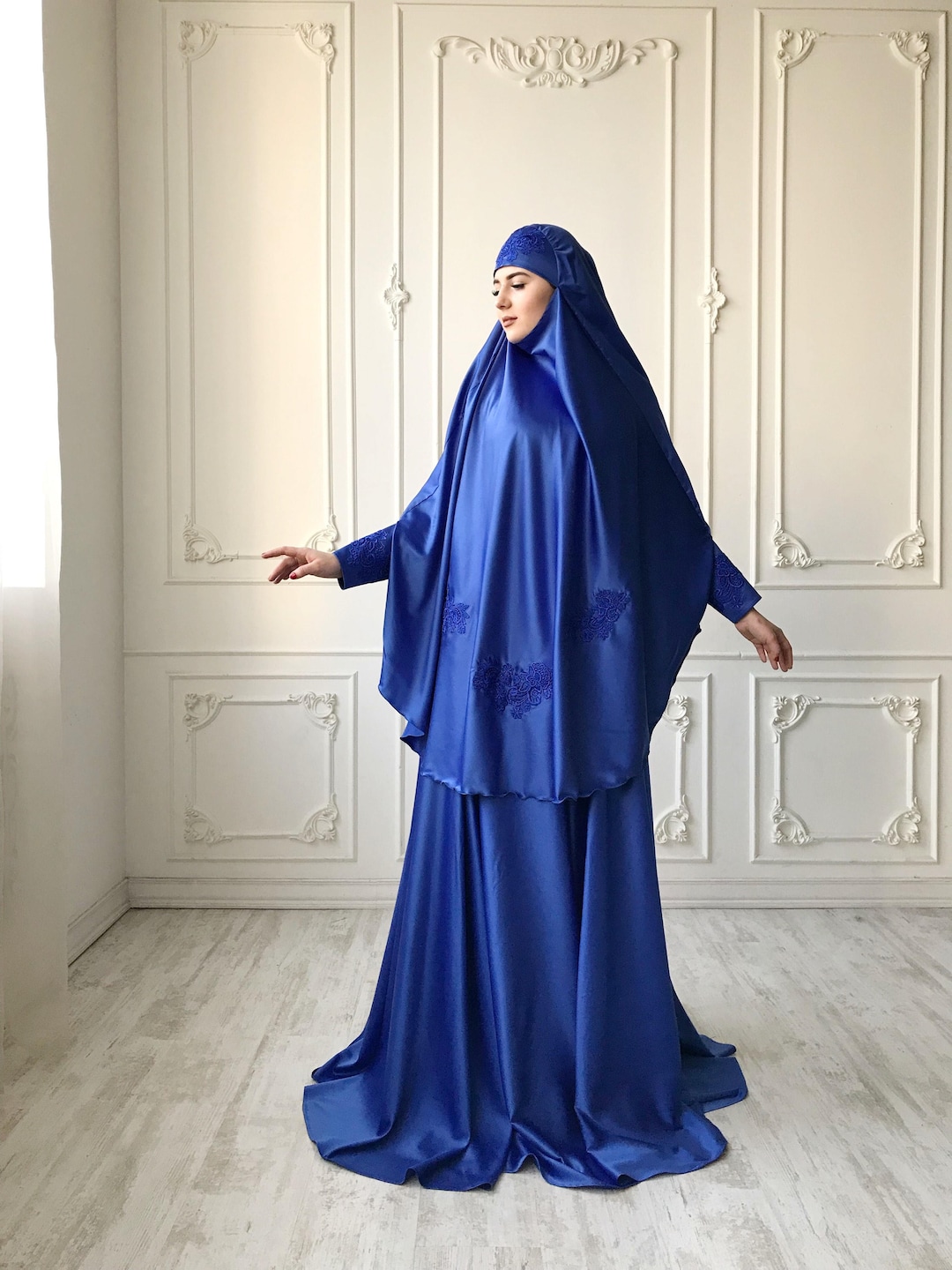 Elegant Royal Blue Muslim Suit, Silk Blue Jilbab, Wedding Khimar ...