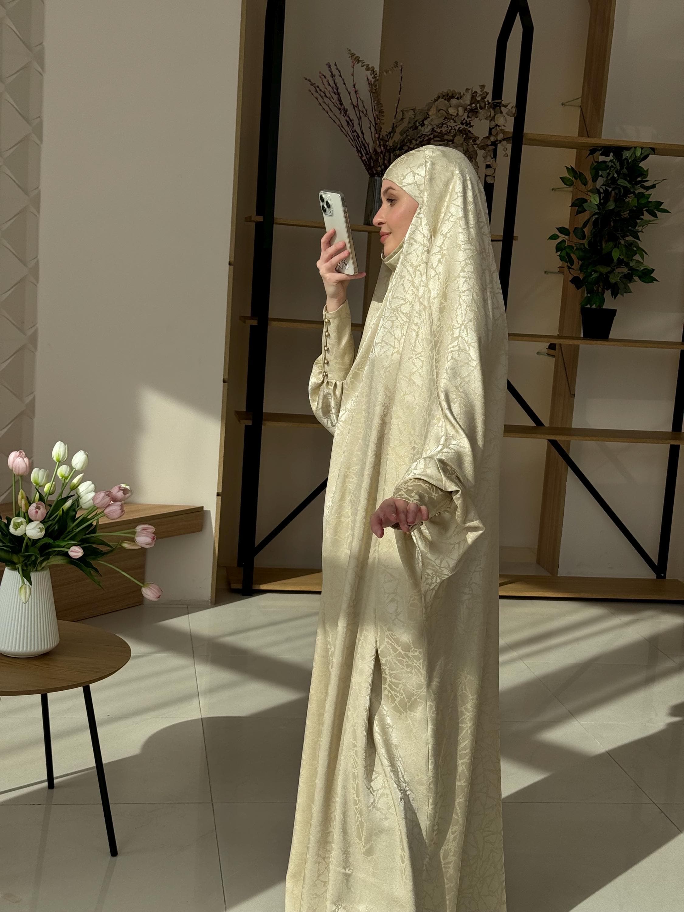 Beige Elegant Viscose Jacquard Jilbab, Modest Long Hijab Dress With ...