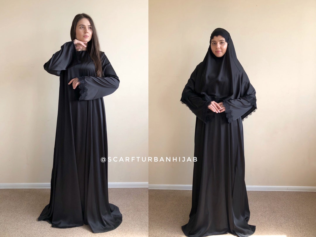 Black Silk Elegant Dress, Lace Abaya, Stylish Hijab Khimar, Modesty ...