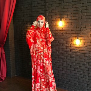 Red Prayer Dress With Hijab, Muslim Clothing, Islamic Gift, Abaya ...