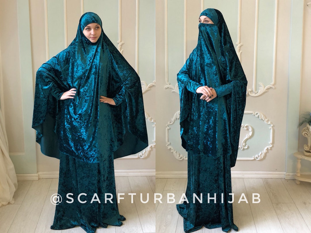 Emerald Green Velvet Jilbab Suit With Skirt, Transformer Khimar, Niqab ...