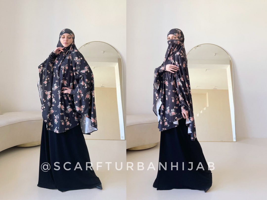 Black Floral Print Khimar Transformer to Niqab, Jilbab - Etsy